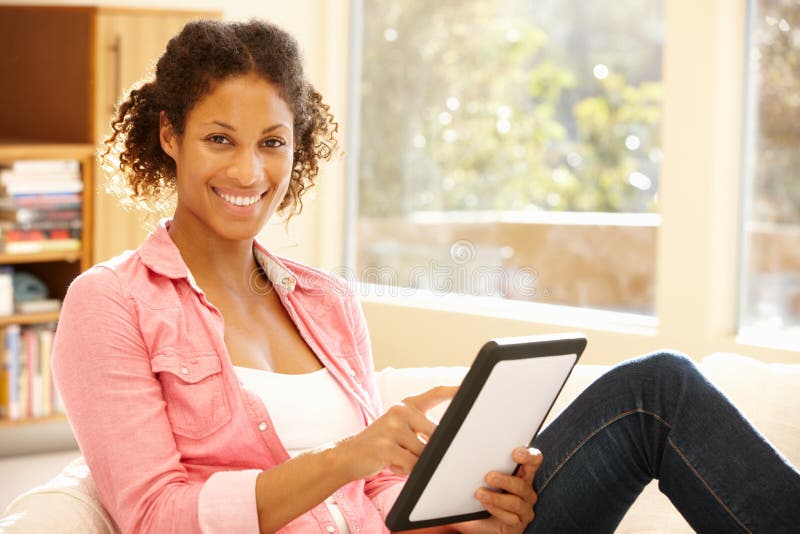Woman Working on Tablet at Home Stock Image - Image of sofa, internet ...