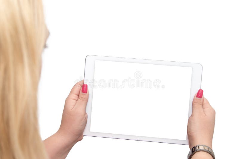 Woman working on a tablet stock image. Image of holding - 92725823