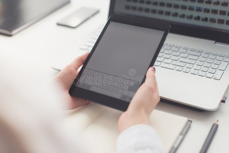 Woman Working with Tablet Pc and Laptop Computer on Table Stock Photo ...