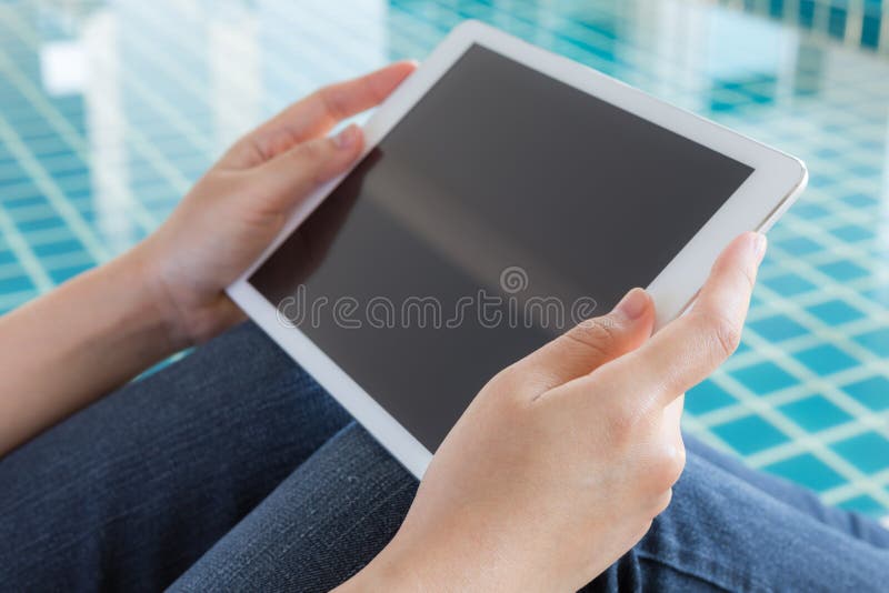 Woman Working with Tablet Sitting Stock Image - Image of internet ...