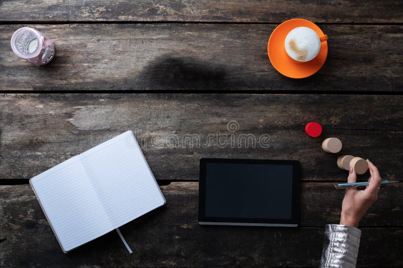 Woman Working Using Digital Tablet and Notepad Stock Image - Image of ...
