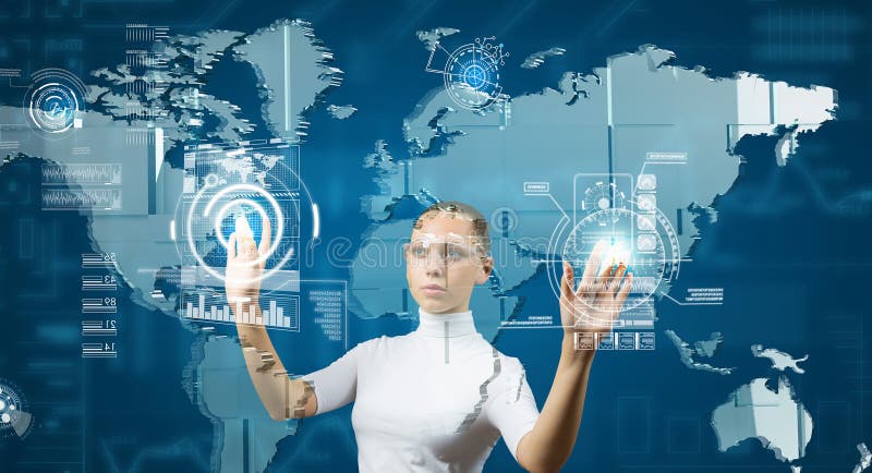 Woman Working with Virtual Interface Stock Photo - Image of network ...