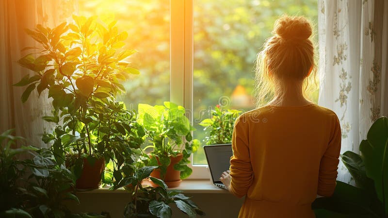 Woman Working at Window, Plants, Sunlight, Home Office Stock Image ...