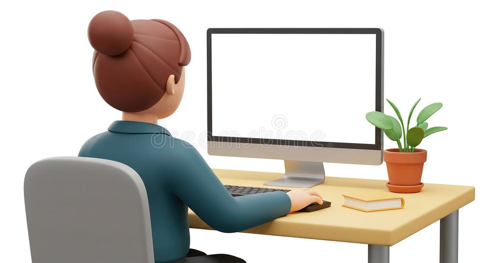 A Woman Works on a Computer with a Blank Screen Symbolizing Focus and ...