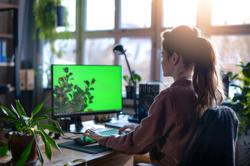Woman Works at Computer Desk in Home Office. Bright Daylight Streams ...