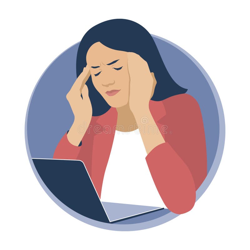 A Woman Works at a Computer with a Headache. a Woman Holds Her Head in ...
