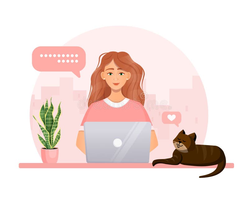 Woman Works at the Computer. Remote Work, Freelance, Home Office ...