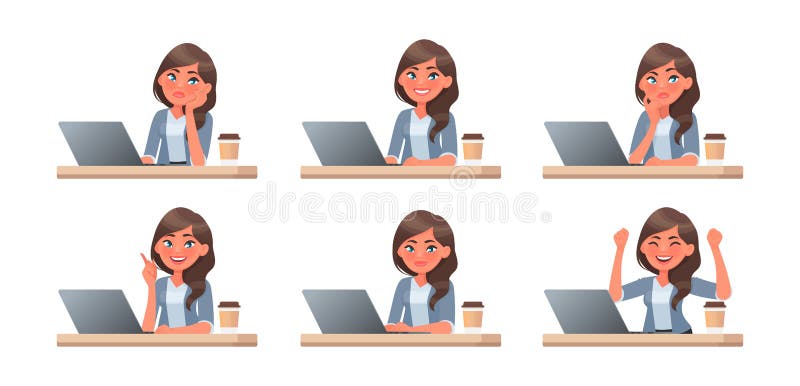 Woman Works at a Computer. the Working Process. a Set of Emotions Stock ...