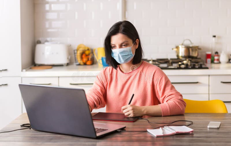 Woman Works at Home at the Computer in Quarantine Stock Image - Image ...