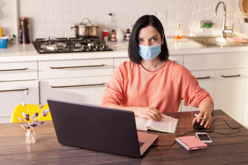 Woman Works at Home at the Computer in Quarantine Stock Image - Image ...