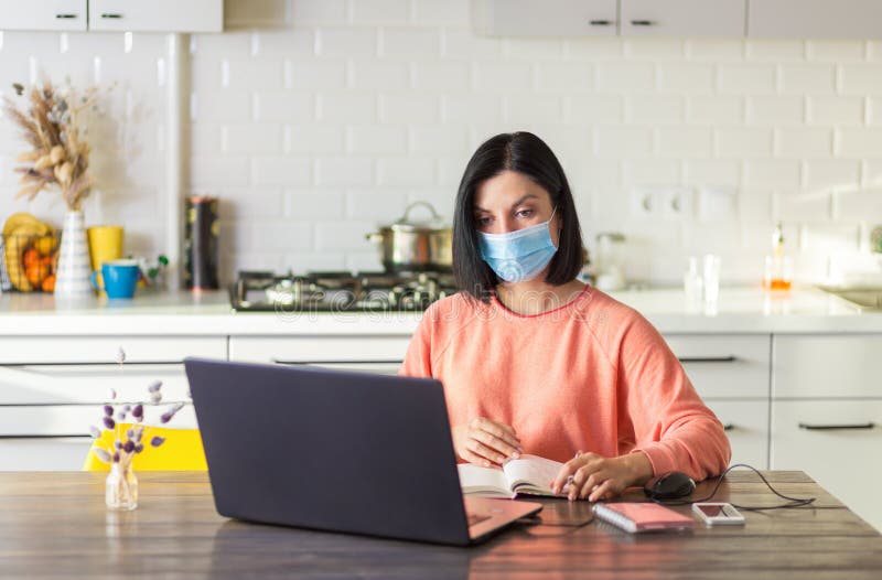 Woman Works at Home at the Computer in Quarantine Stock Photo - Image ...