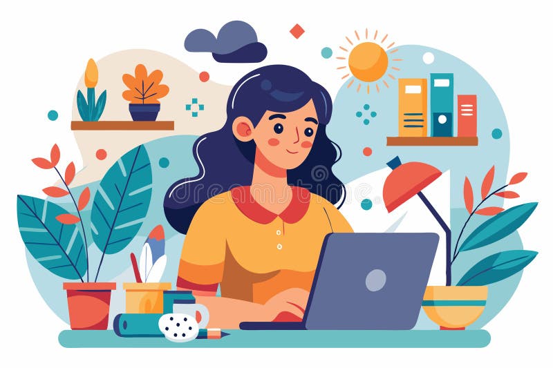 A Woman Works on Illustrations Using Her Laptop in a Bright, Plant ...