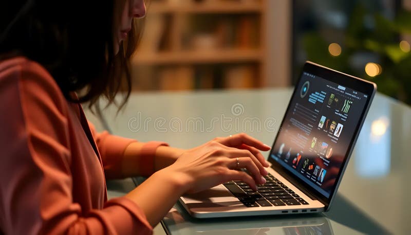 A Woman Works on a Laptop Computer in a Well Lit Space Stock ...