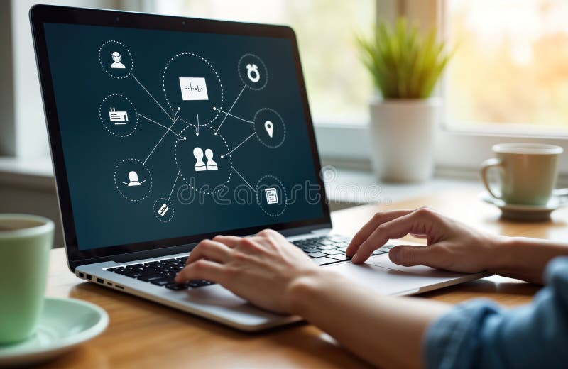 Woman Works on Laptop with Online Education Training Interface. VR ...