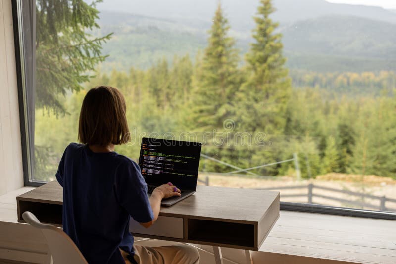 Woman Works on Laptop Remotely in House on Nature Stock Image - Image ...