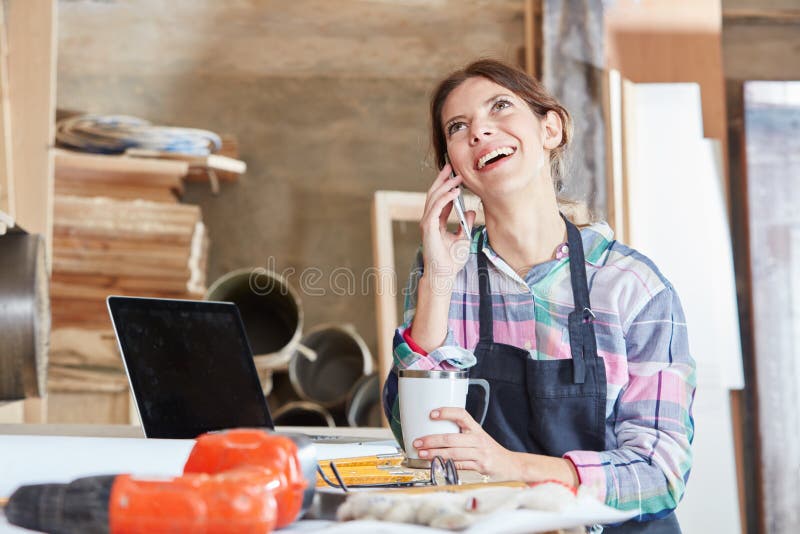 Woman at Workshop Calling on the Phone Stock Photo - Image of break ...