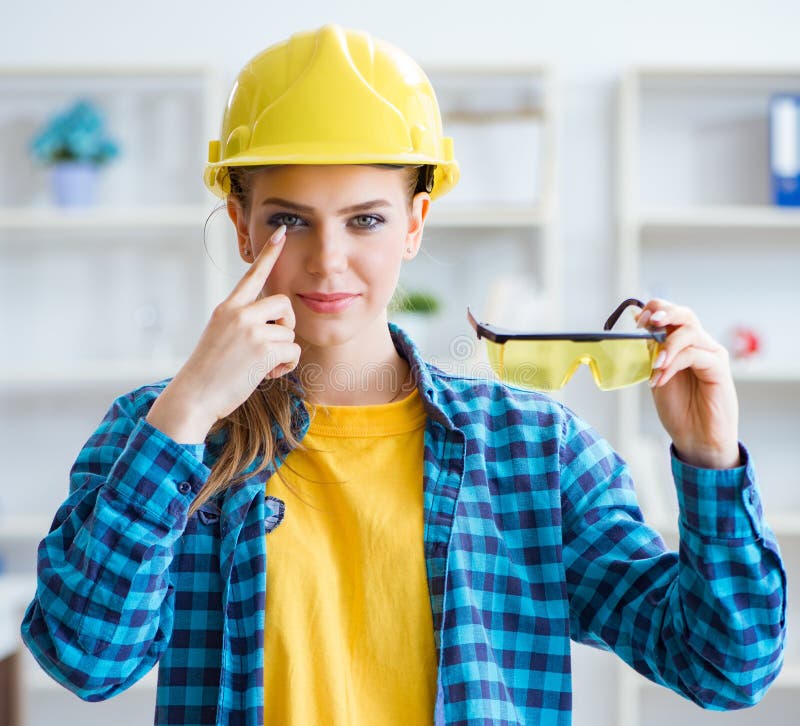 Woman in Workshop with Protective Goggles Stock Image - Image of ...
