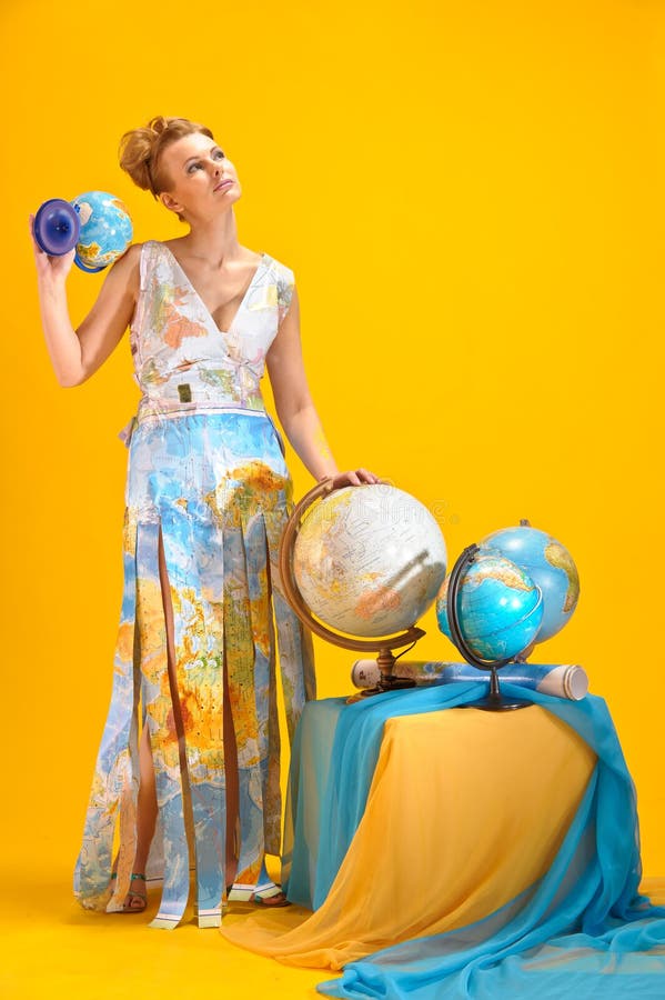 Woman with a World Map and Globes Stock Photo - Image of hands, concept ...