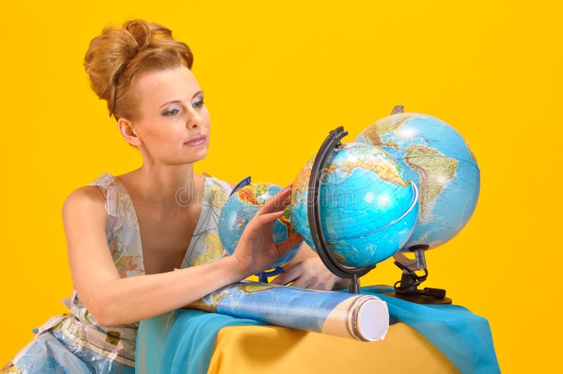 Woman with a World Map and Globes Stock Image - Image of hands ...