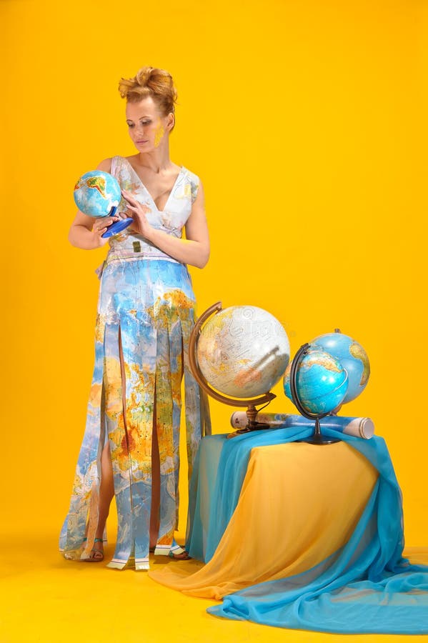 Woman with a World Map and Globes Stock Photo - Image of female ...