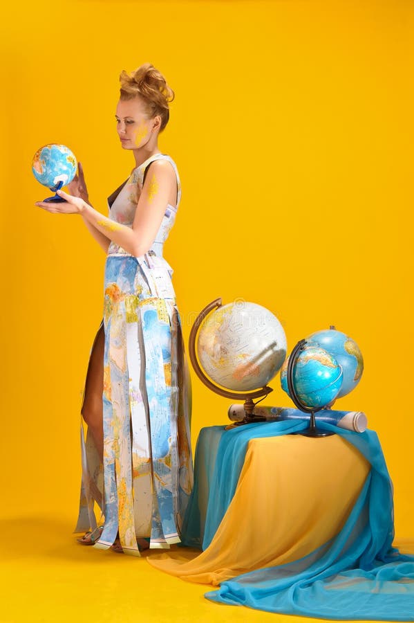 Woman with a World Map and Globes Stock Image - Image of blond ...