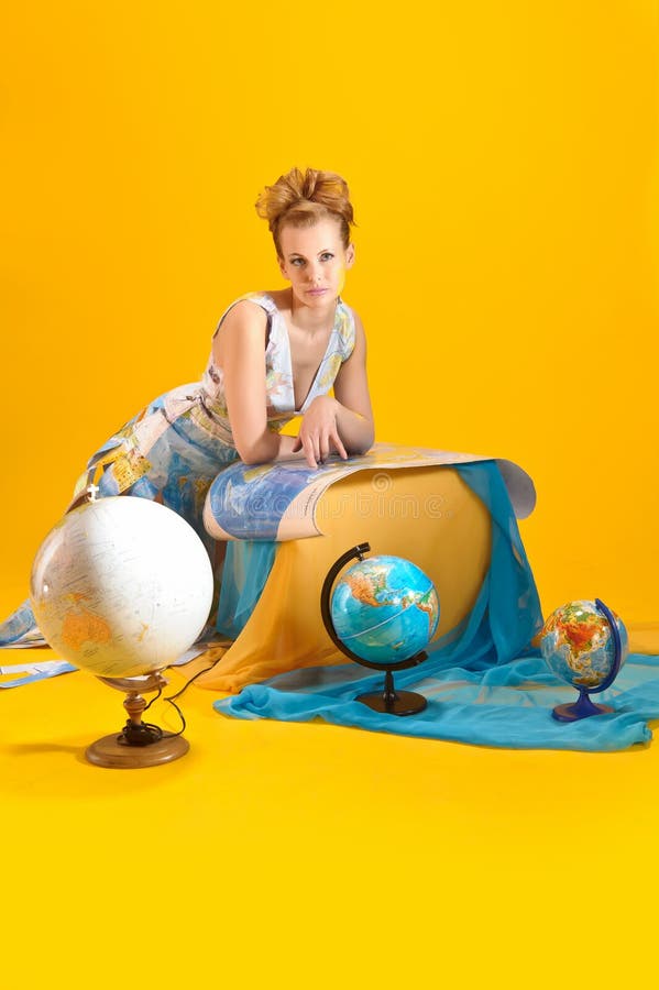 Woman with a World Map and Globes Stock Photo - Image of education ...