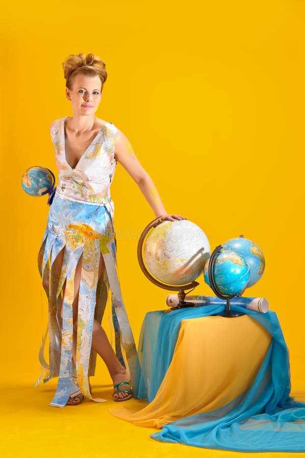 Woman with a World Map and Globes Stock Image - Image of female ...