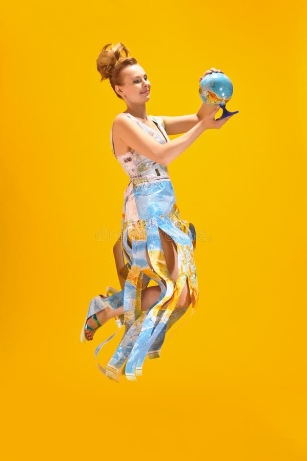 Woman with a World Map and Globes Stock Image - Image of geography ...