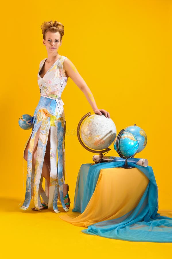 Woman with a World Map and Globes Stock Photo - Image of girl ...