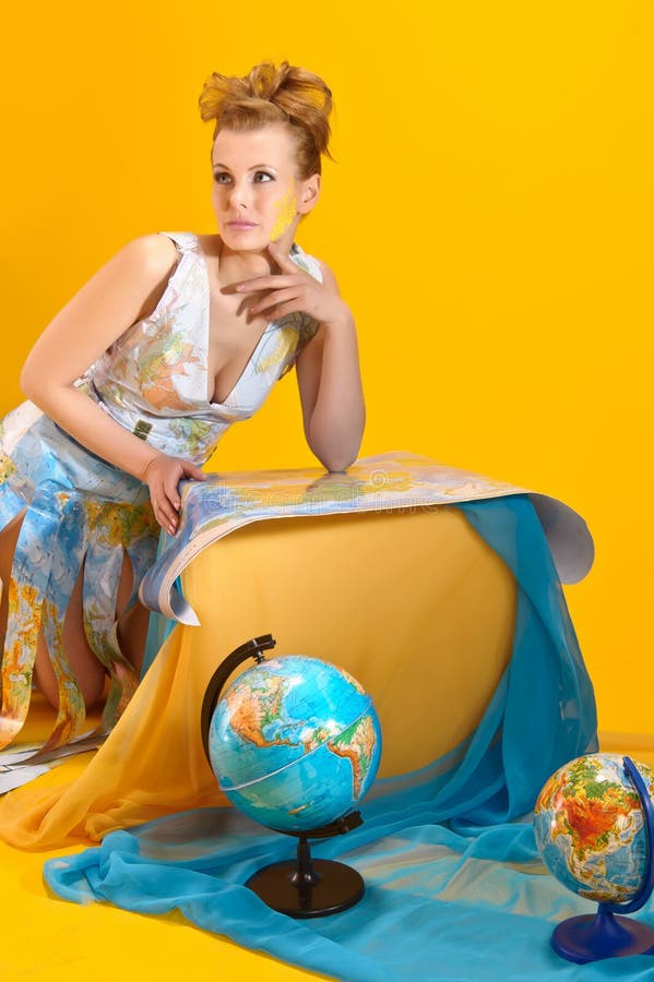 Woman with a World Map and Globes Stock Image - Image of girl, cheerful ...