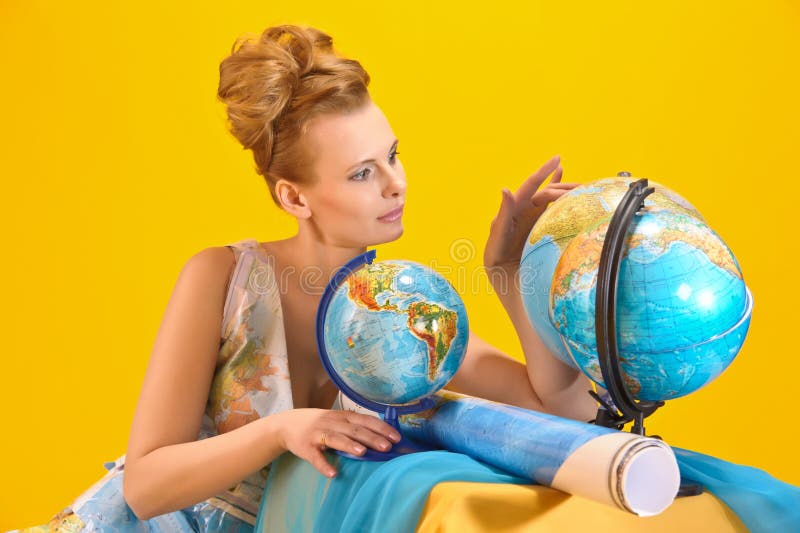 Woman with a World Map and Globes Stock Image - Image of female ...