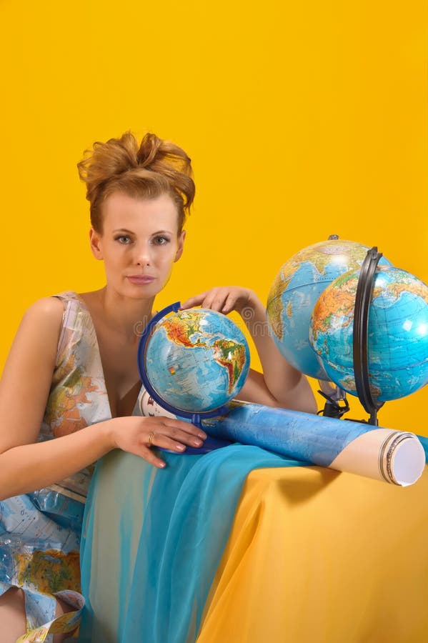 Woman with a World Map and Globes Stock Image - Image of exam, cheerful ...