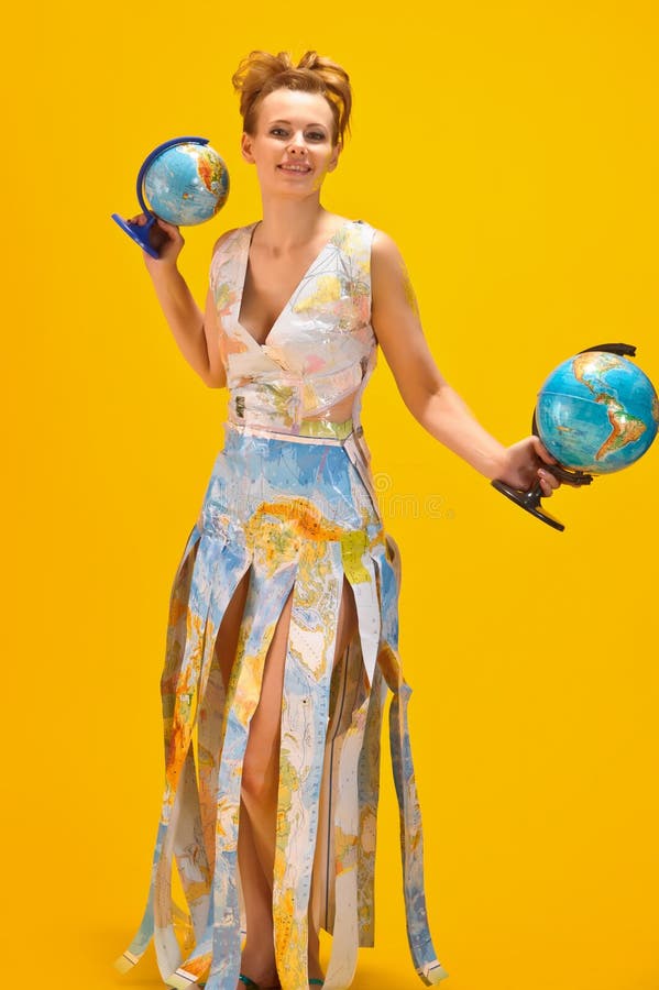 Woman with a World Map and Globes Stock Image - Image of blond ...
