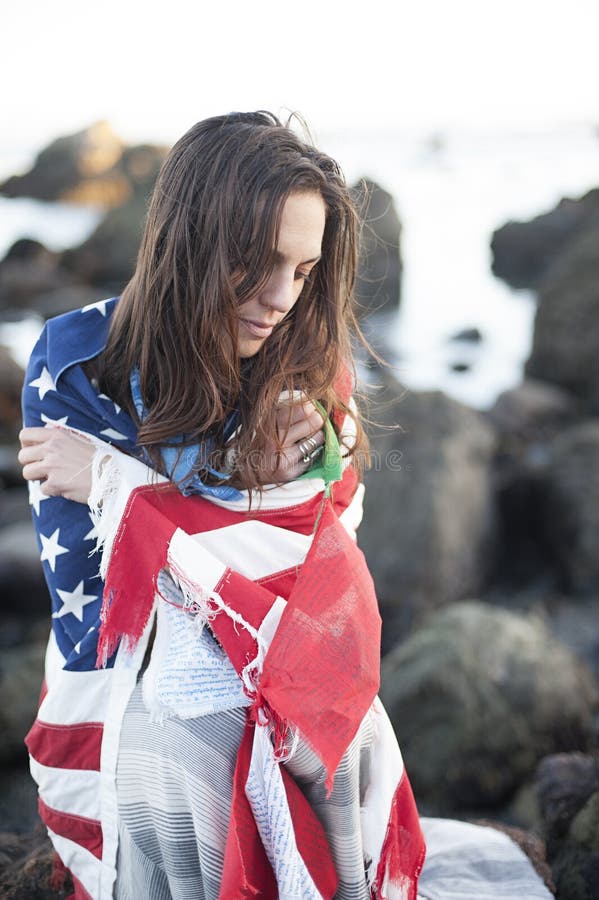 Woman Wrapped in Tattered Flag Stock Photo - Image of girl, kendra ...