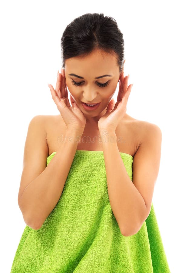 Woman Wrapped In Towel Touching Her Face Stock Image Image Of