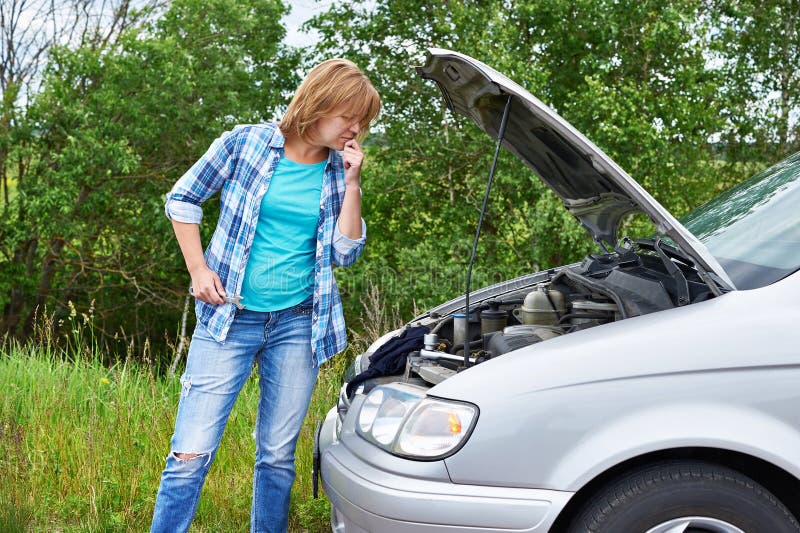 Woman With Wrench Near Broken Car Stock Image Image Of Help