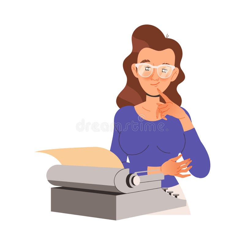 Woman Writer in Glasses at Typewriter Engaged in Writing Process ...