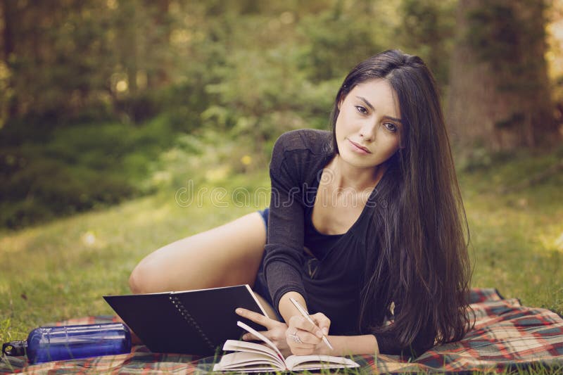 Woman Writer is Inspired by Nature Stock Photo - Image of note ...