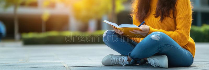 Woman Writes in Notebook on Outdoor Sitting Area with Study Theme Stock ...