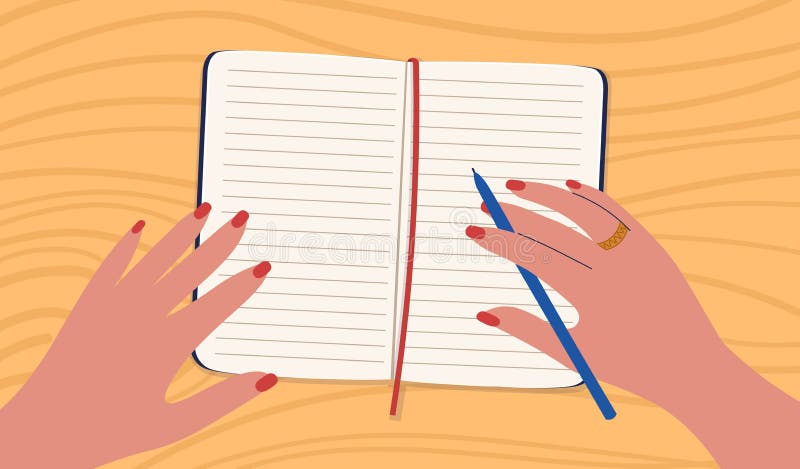 A Woman Writing by Hand in a Notebook. Vector Illustration in a Flat ...