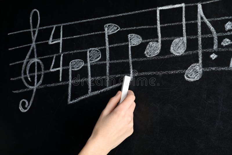 Woman Writing Music Notes with Chalk on Blackboard Stock Photo - Image ...