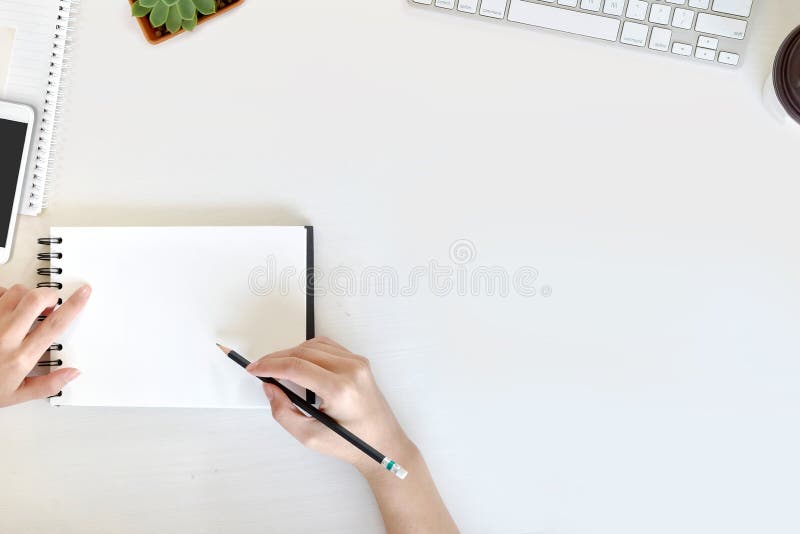 Female Writing Notebook at Table Workspace Stock Photo - Image of ...