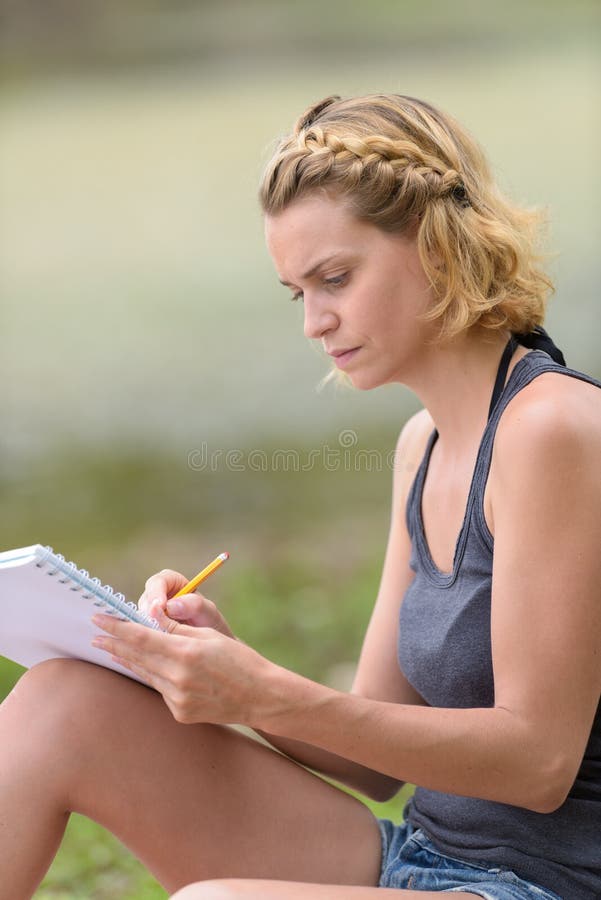 Woman Writing Notebook with Outside Stock Photo - Image of education ...