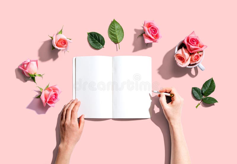 Woman Writing in a Notebook with Pink Roses Stock Image - Image of flat ...