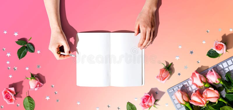 Woman Writing in a Notebook with Pink Roses Stock Image - Image of flat ...