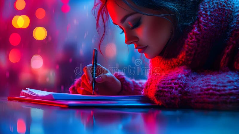 Woman Writing in Notebook Under Neon Lights Stock Illustration ...