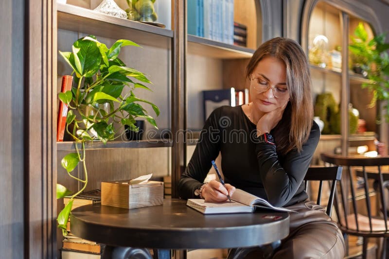 Woman Writing Notes Stylish Cafe Table Young Glasses Notebook Stock ...