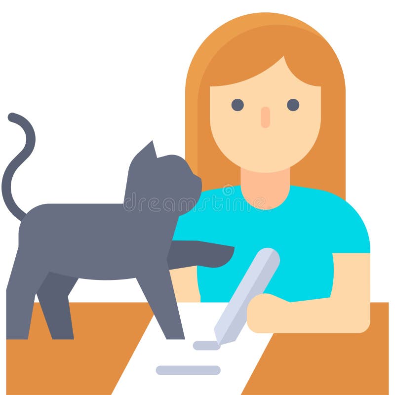Woman Writing on Paper with Cat, Work from Home Stock Vector ...
