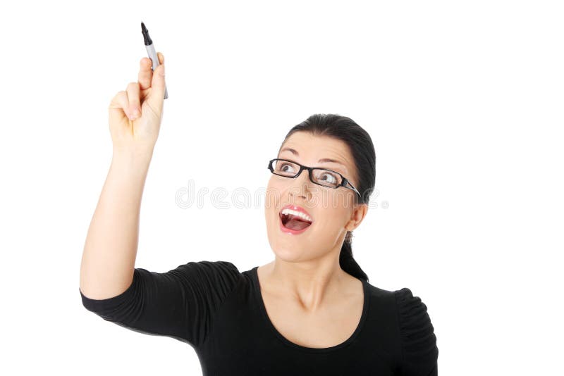 Woman Writing with a Pen on Abstract Screen Stock Photo - Image of ...
