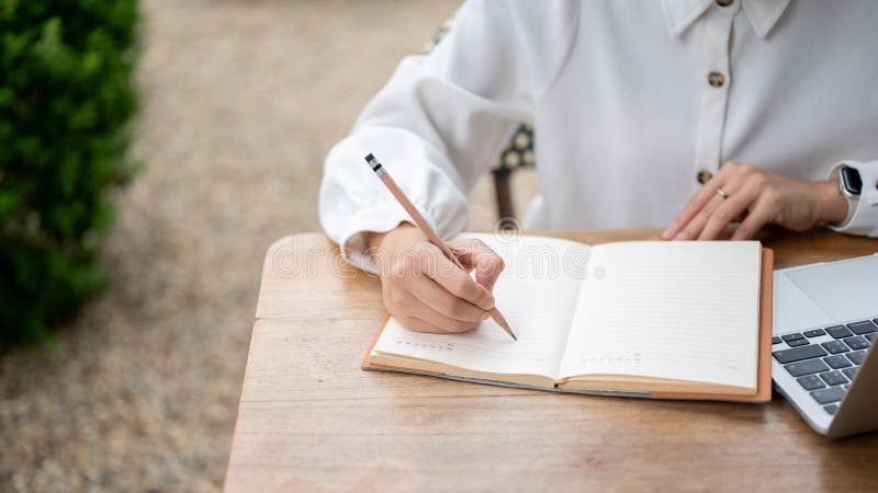 Woman Writing Something Her Notebook Keeping Diary Relaxing Table ...